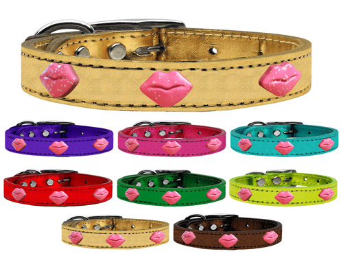 Pink Glitter Lips Widget Genuine Metallic Leather Dog Collar