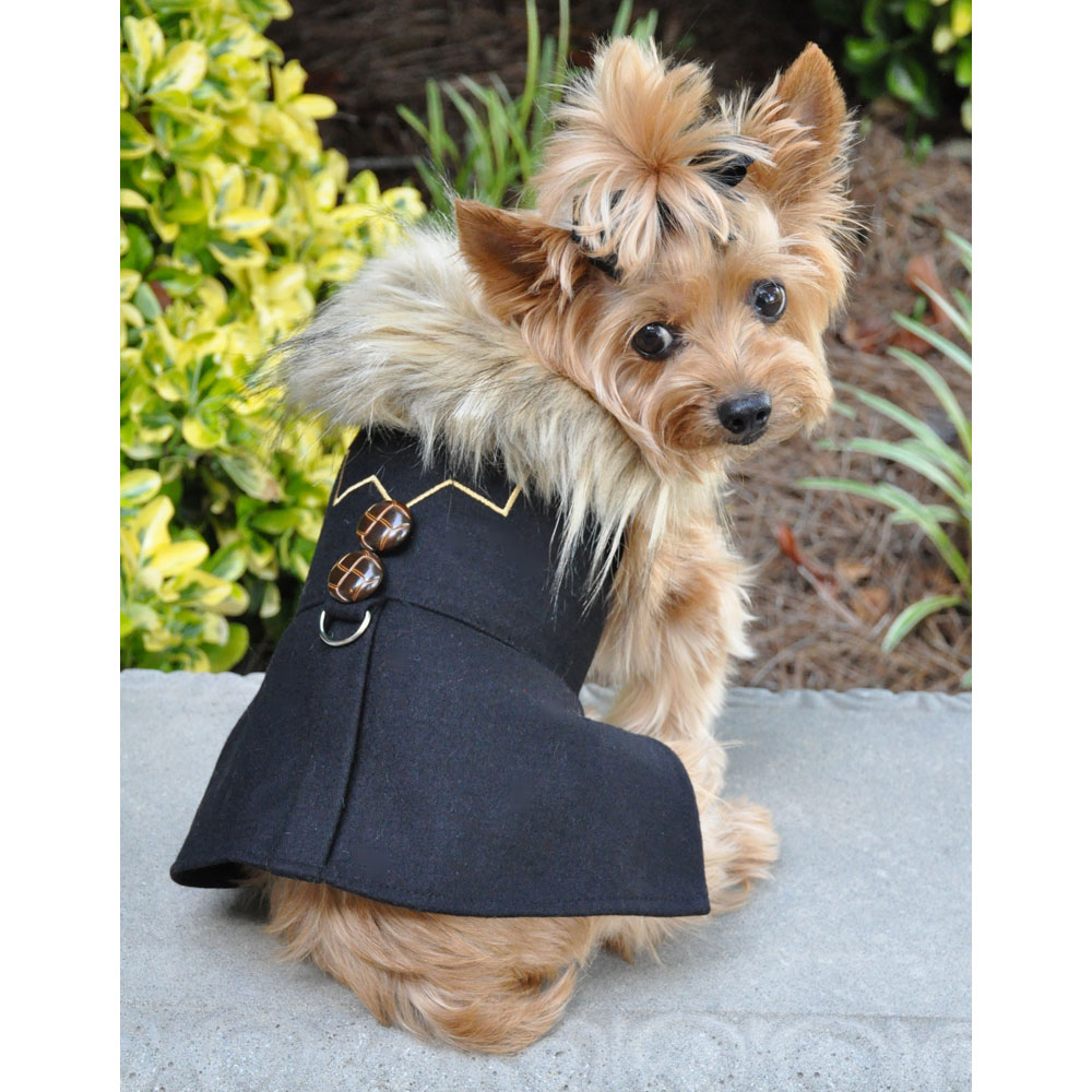 Black Chevron Wool Blend Classic Dog Coat Harness & Fur Collar w ...