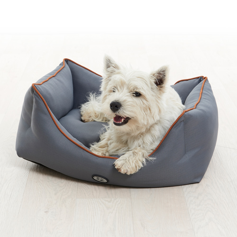 BUSTER Sofa Bed in Steel Grey/Leather Brown Piping