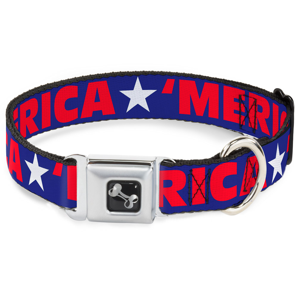 Dog Bone Black/Silver Seatbelt Buckle Collar - 'MERICA/Star Blue/Red/White