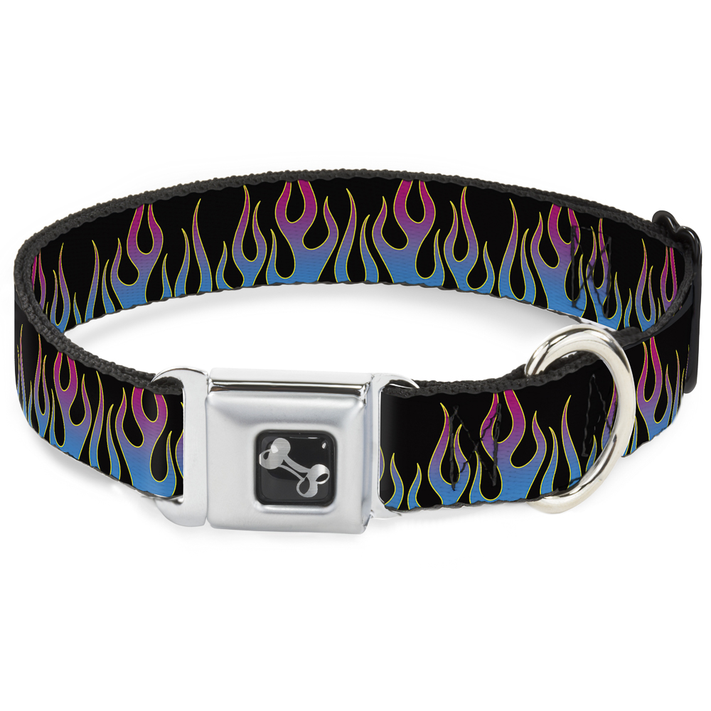 Dog Bone Black/Silver Seatbelt Buckle Collar - Flames Black/Blue/Pink