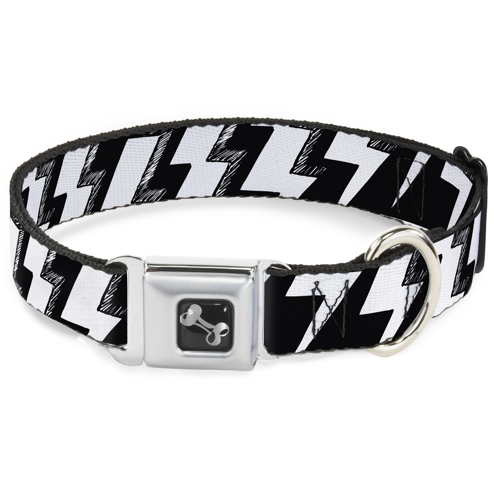 Dog Bone Black/Silver Seatbelt Buckle Collar - Lightning Bolts Sketch ...
