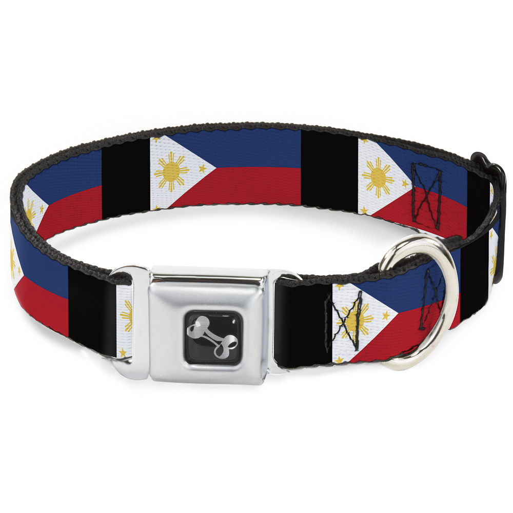 Dog Bone Black/Silver Seatbelt Buckle Collar - Philippines Flags