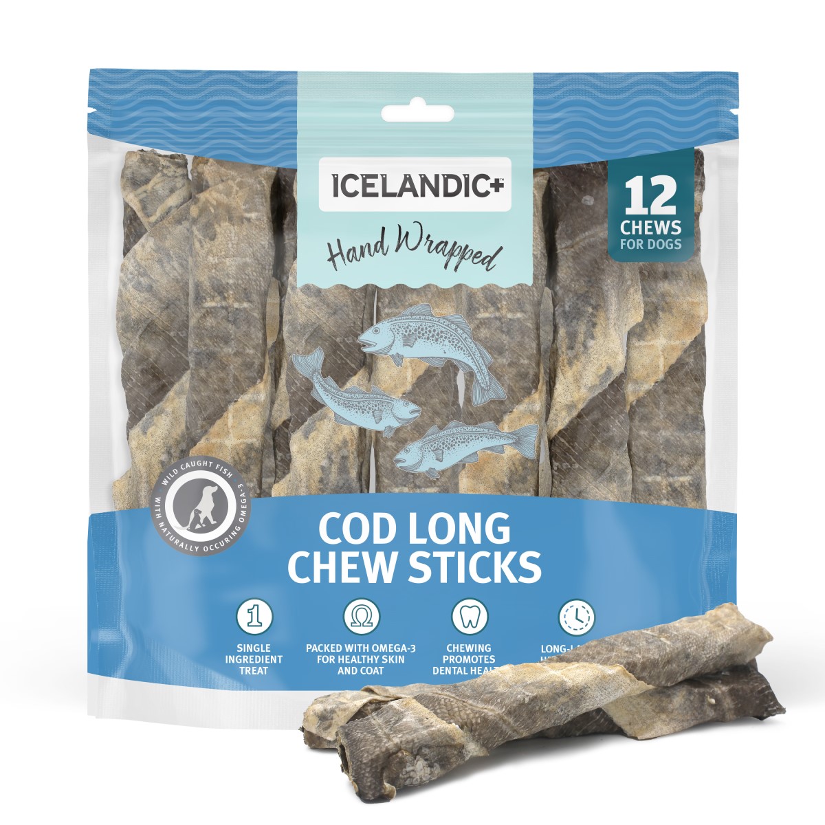 Icelandic+ Hand Wrapped Cod Skin Dog Chew Stick 12ct 10" Bulk Pack