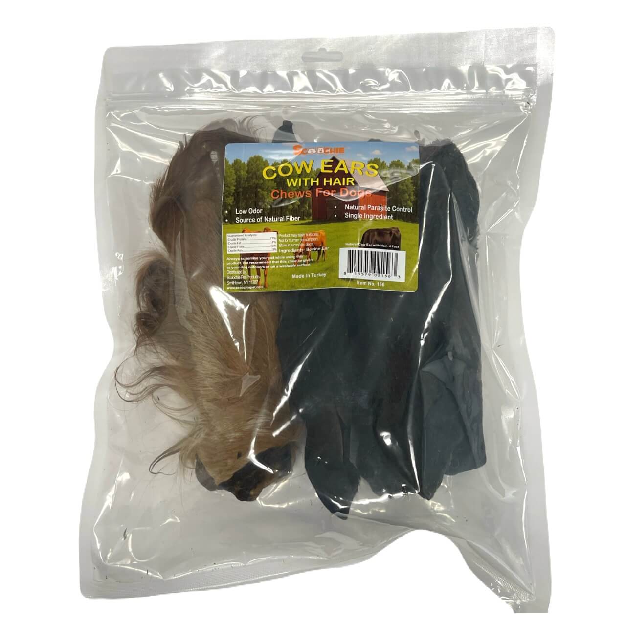 Natural Cow Ear with HAIR 4 Pack Peggable Bag with UPC