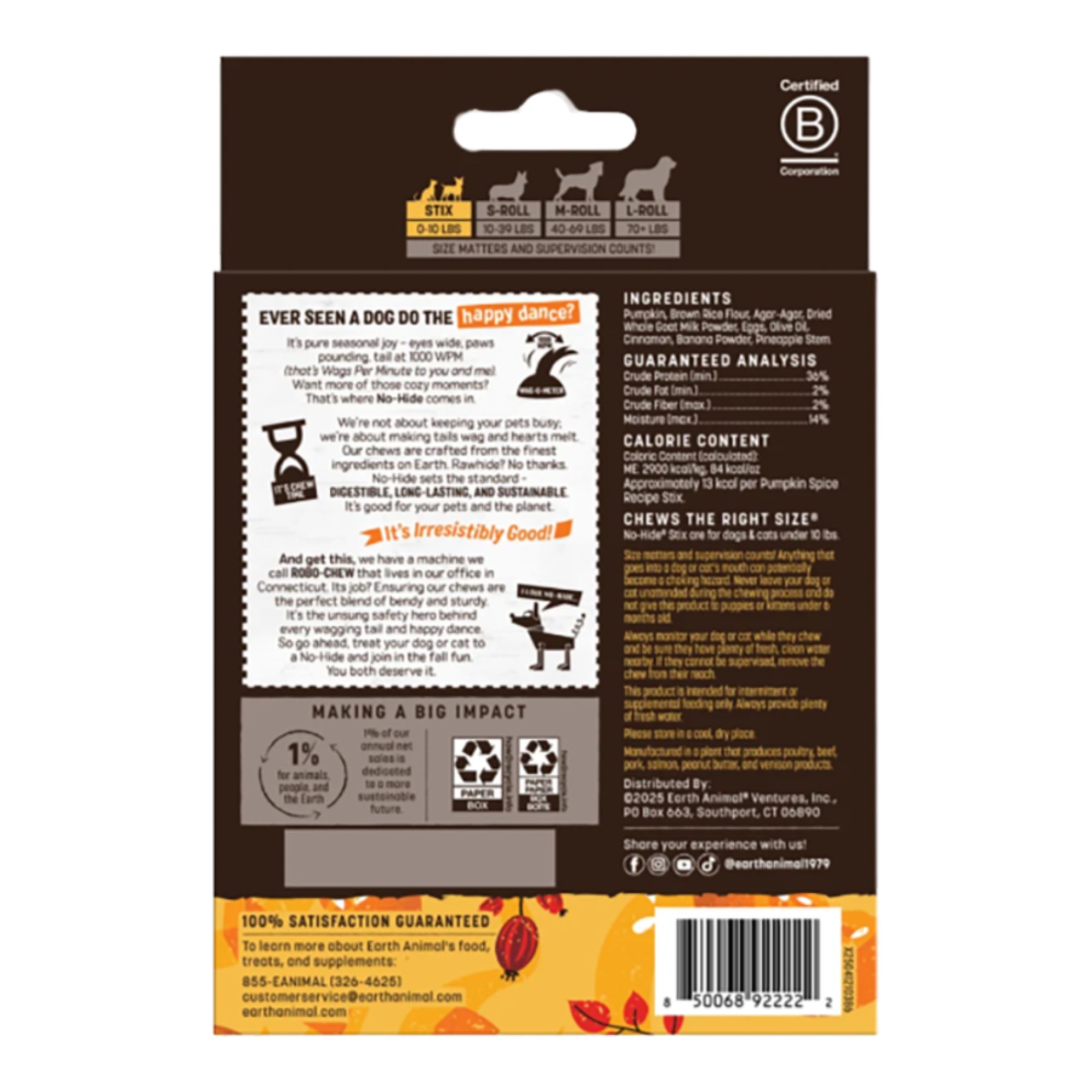 Earth Animal Dog No - Hide Seasonal Collection Pumpkin Spice Stix - 20 Pack