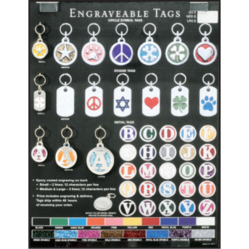 Colored Engraveable Tags Display for Special Ordering